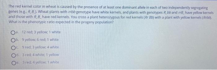 Solved The red kernel color in wheat is caused by the | Chegg.com