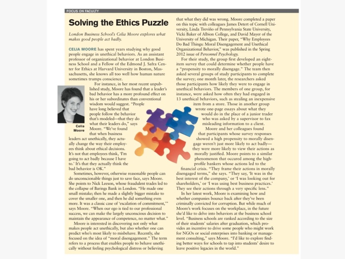 Solved FOCUS ON FACULTY Solving the Ethics Puzzle London | Chegg.com