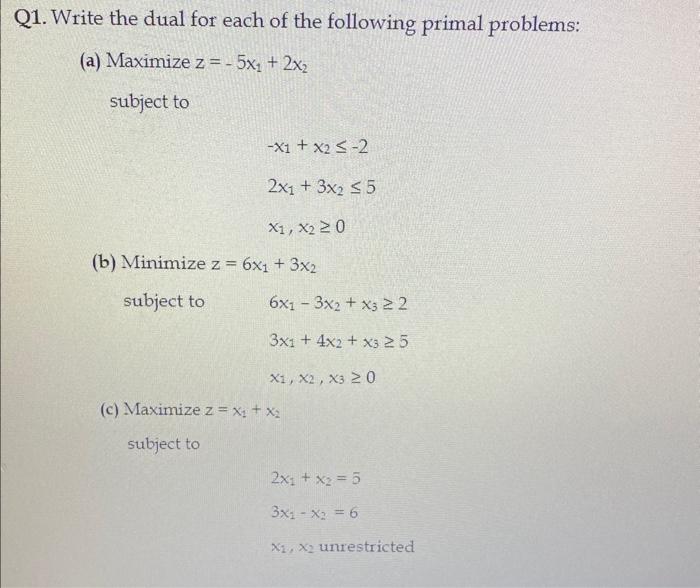 Solved Q1 Write The Dual For Each Of The Following Primal
