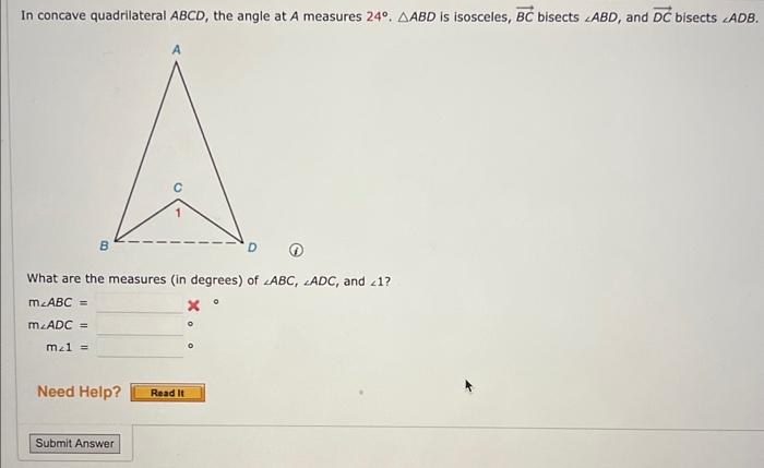 Solved In concave quadrilateral ABCD, the angle at A | Chegg.com