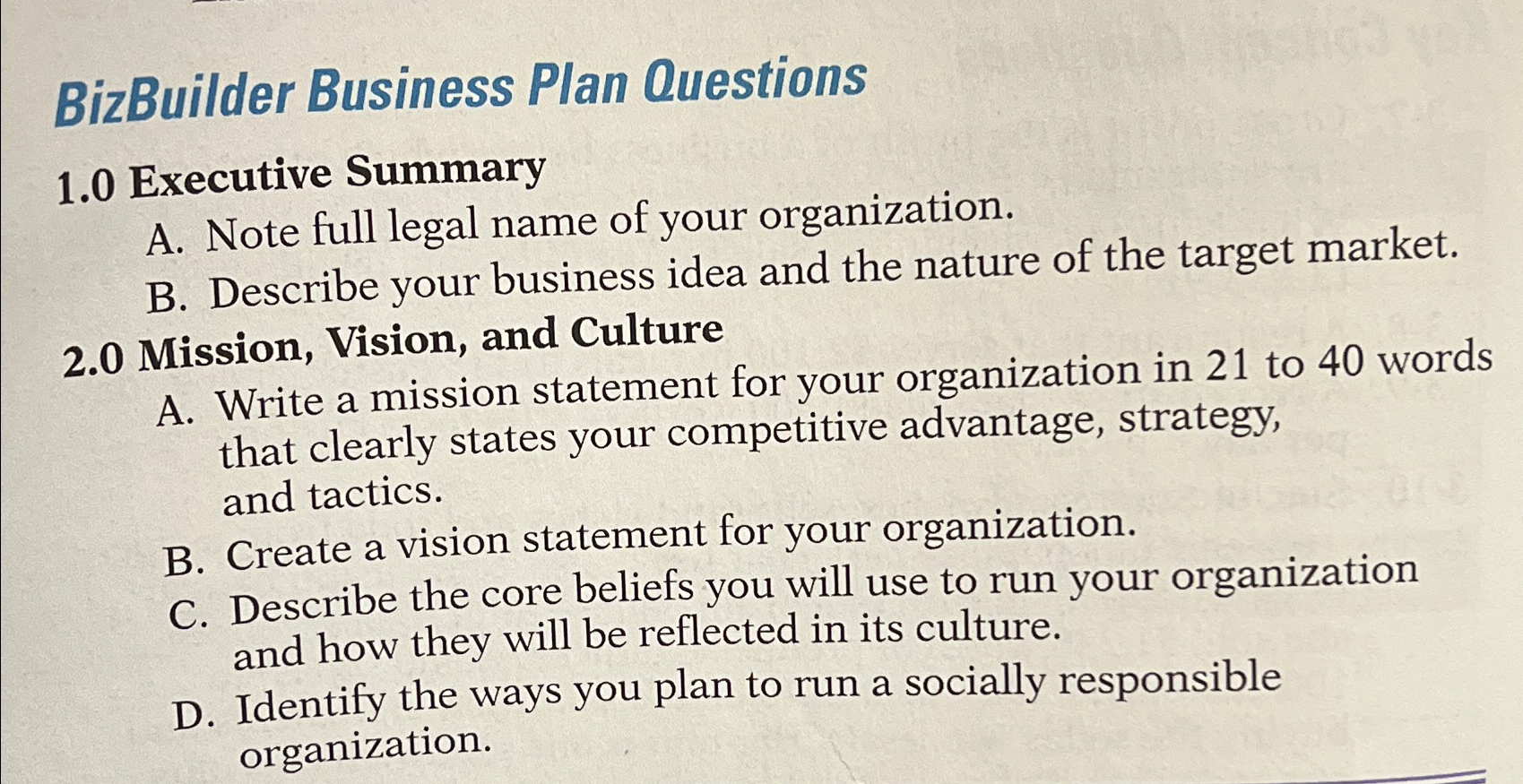 Solved BizBuilder Business Plan Questions1.0 ﻿Executive | Chegg.com