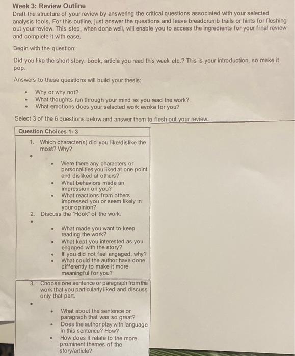 Week 3: Review Outline Draft the structure of your | Chegg.com