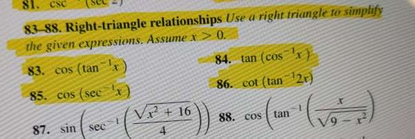 Solved 81. CSC 83–88. Right-triangle relationships Use a | Chegg.com
