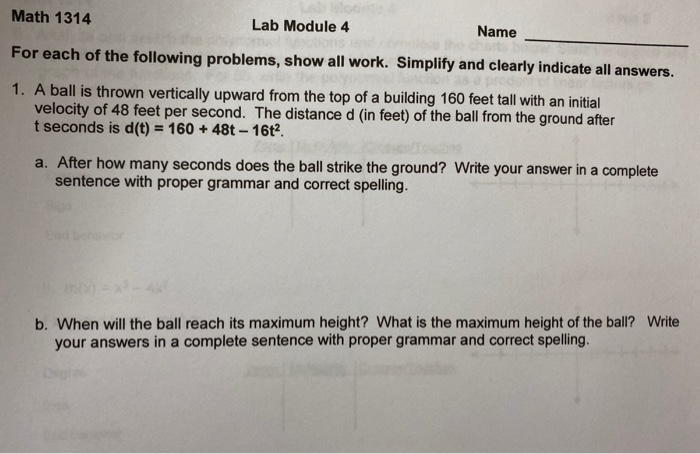 Solved Math 1314 Lab Module 4 Name For each of the following | Chegg.com