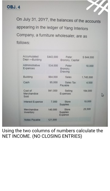 Solved OBJ. 4 On July 31, 20Y7, the balances of the accounts | Chegg.com