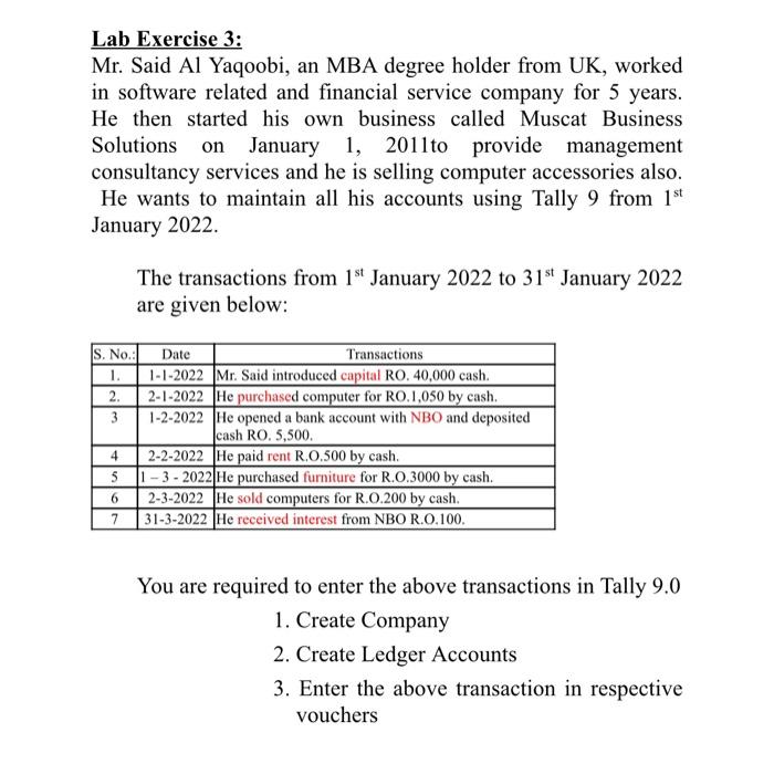 Solved Lab Exercise 3: Mr. Said Al Yaqoobi, an MBA degree | Chegg.com