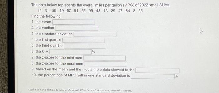 Solved The data below represents the overall miles per | Chegg.com