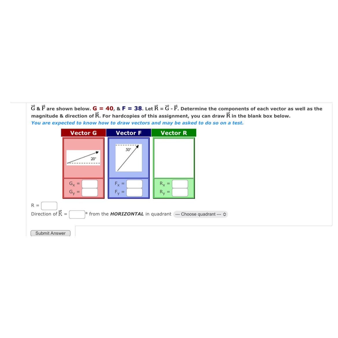 Solved vec(G) ﻿& vec(F) ﻿are shown below. G=40, ﻿& F=38. | Chegg.com
