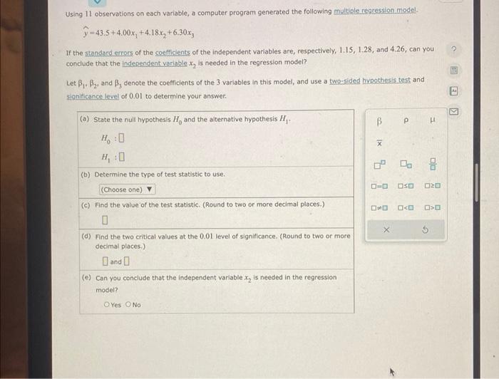 Solved Using 11 observations on each variable, a computer | Chegg.com