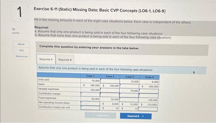 Solved Exercise 6-11 (Static) Missing Data; Basic CVP | Chegg.com