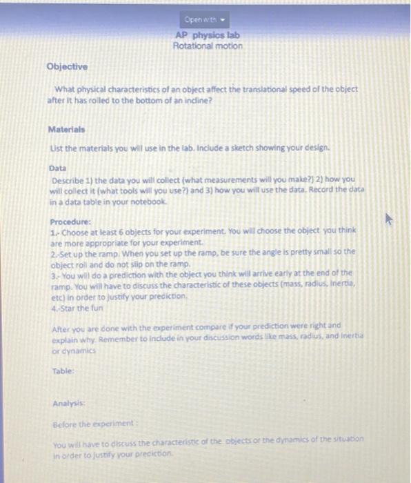 Solved AP physics lab Rotational motion Objective What | Chegg.com