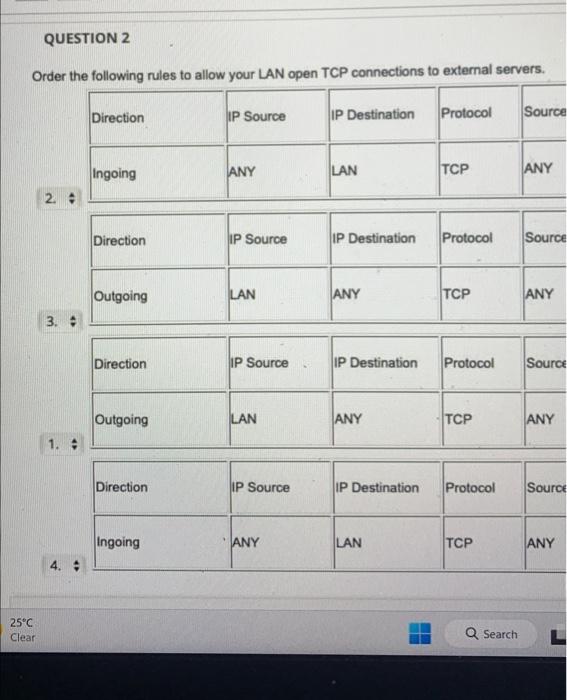Solved Order the following rules to allow your LAN open TCP | Chegg.com