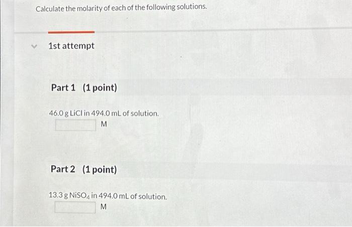 Solved Calculate the molarity of each of the following | Chegg.com