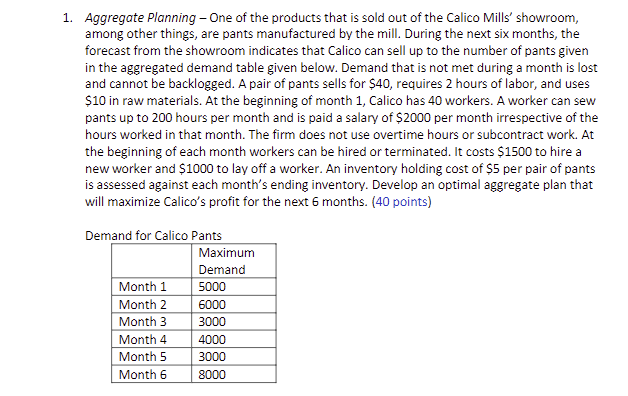 Solved Aggregate Planning - ﻿One of the products that is | Chegg.com