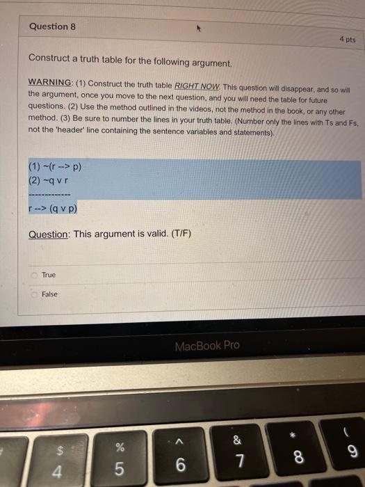Solved Question 8 4 Pts Construct A Truth Table For The