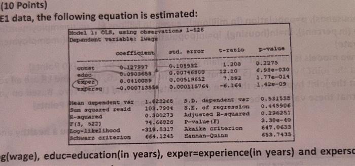 Solved 3- Using the WAGE1 data, the following equation is | Chegg.com