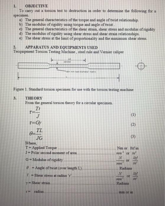 Solved 1. OBJECTIVE To carry out a torsion test to | Chegg.com