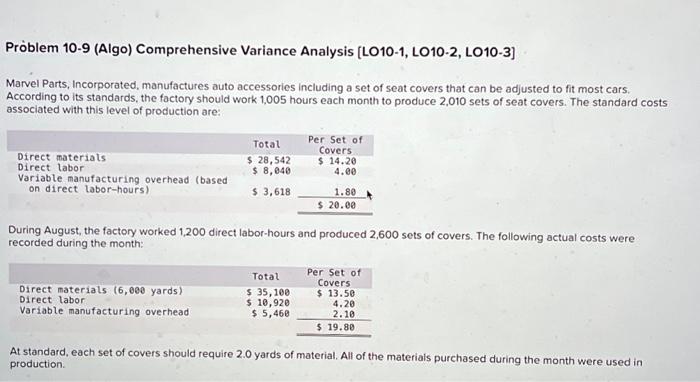 Solved Problem 10-9 (Algo) Comprehensive Variance Analysis | Chegg.com