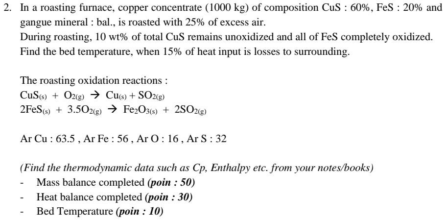 In a roasting furnace, copper concentrate (1000 kg) | Chegg.com
