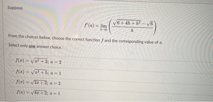 Solved Suppose f'(a) = lim V6+4h+h2 – 6 h h0 7) From the | Chegg.com