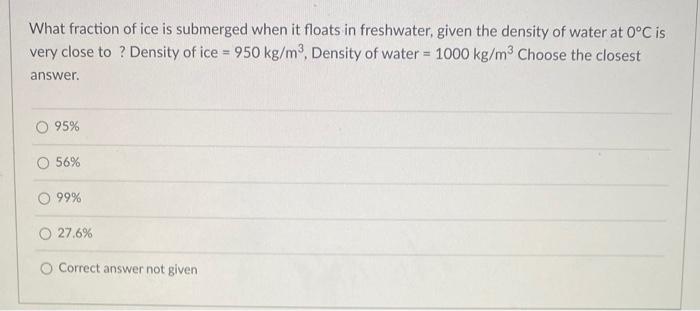 Solved What fraction of ice is submerged when it floats in | Chegg.com