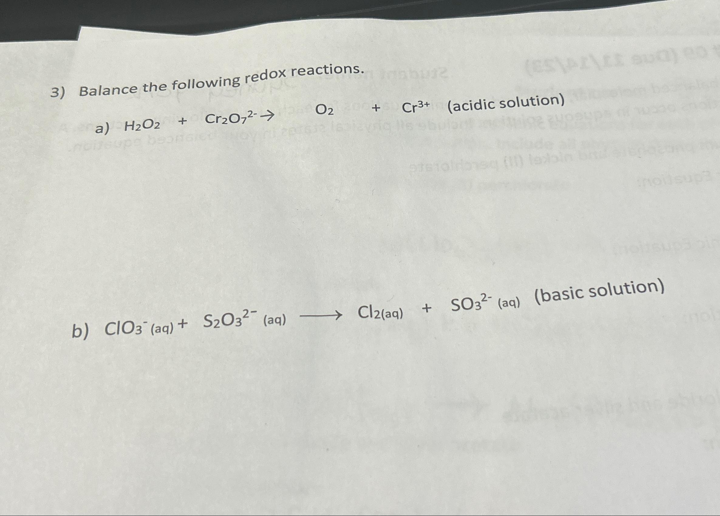 Solved Balance the following redox | Chegg.com