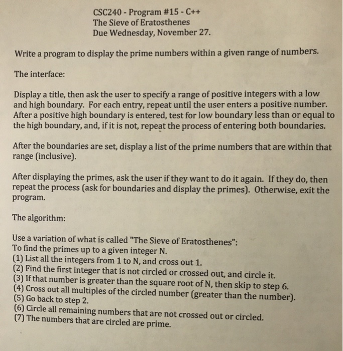Solved CSC240 - Program #15 - C++ The Sieve of Eratosthenes | Chegg.com