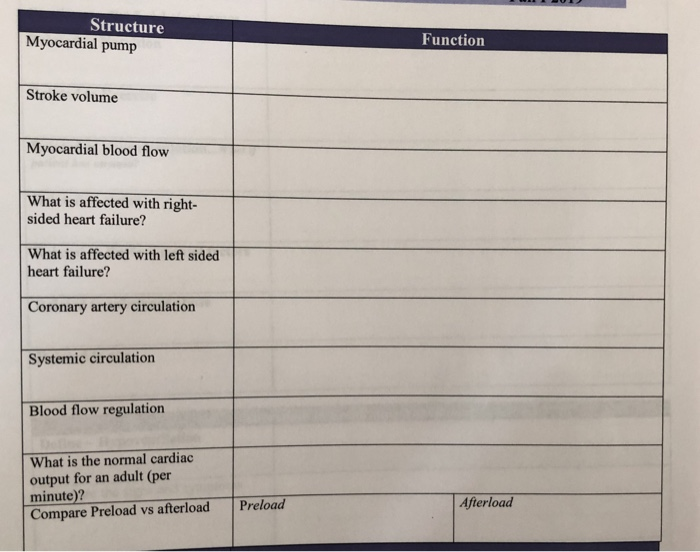 Solved Structure Myocardial pump Function Stroke volume | Chegg.com
