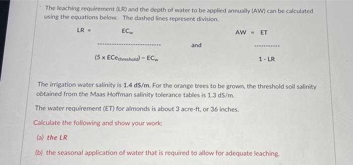 Solved The leaching requirement (LR) and the depth of water | Chegg.com