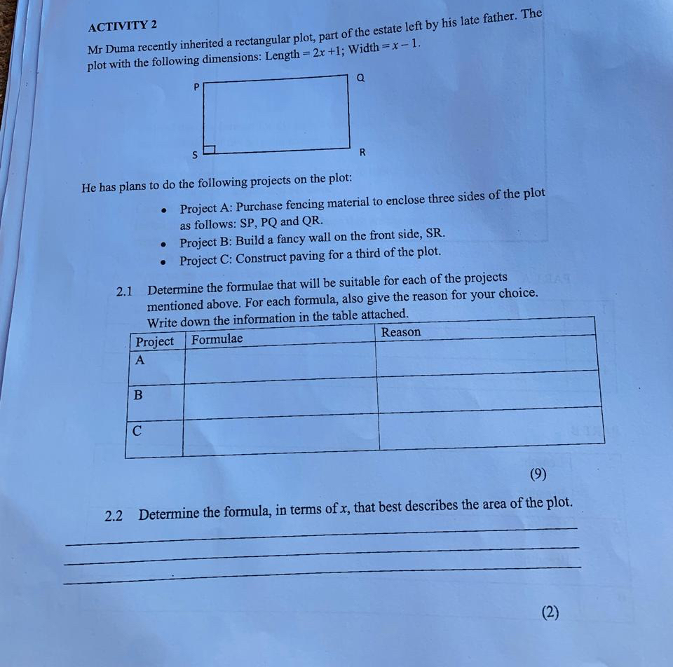 Solved ACTIVITY 2Mr Duma recently inherited a rectangular | Chegg.com