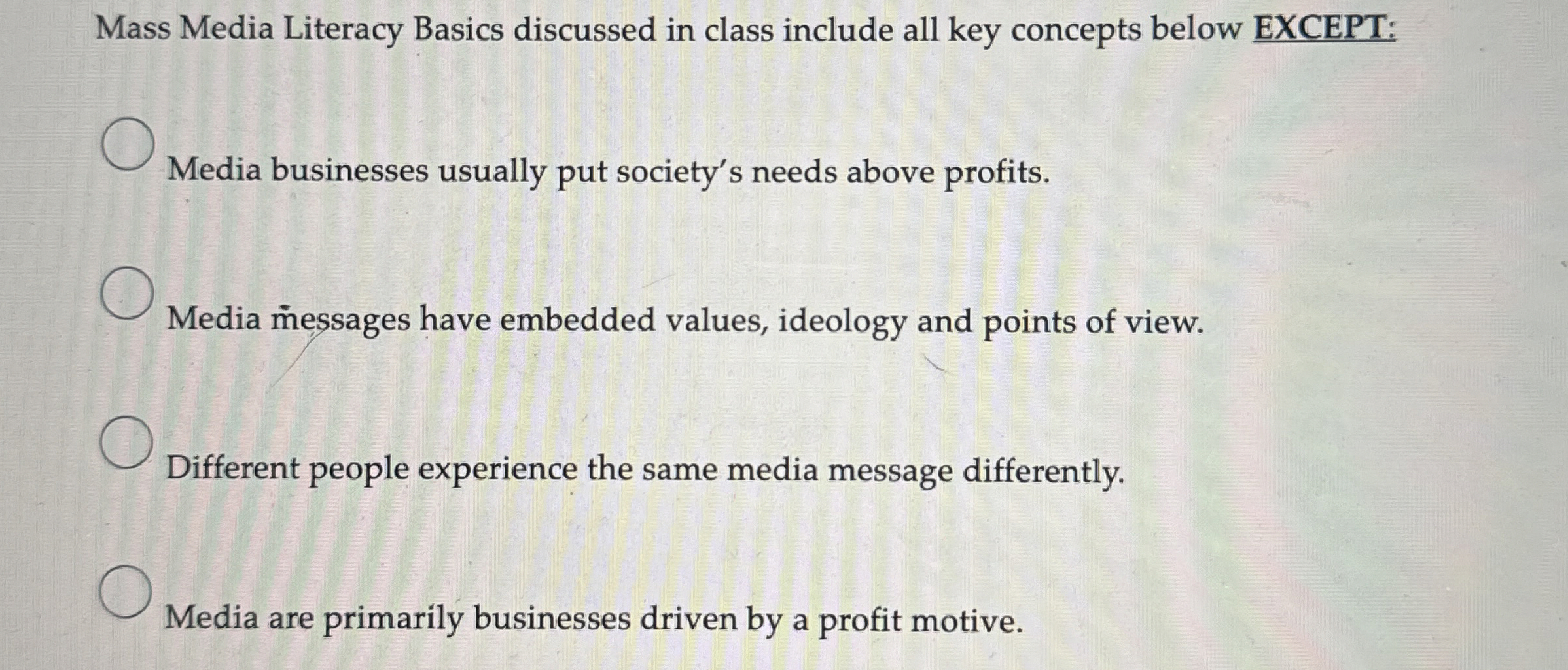 Solved Mass Media Literacy Basics discussed in class include | Chegg.com