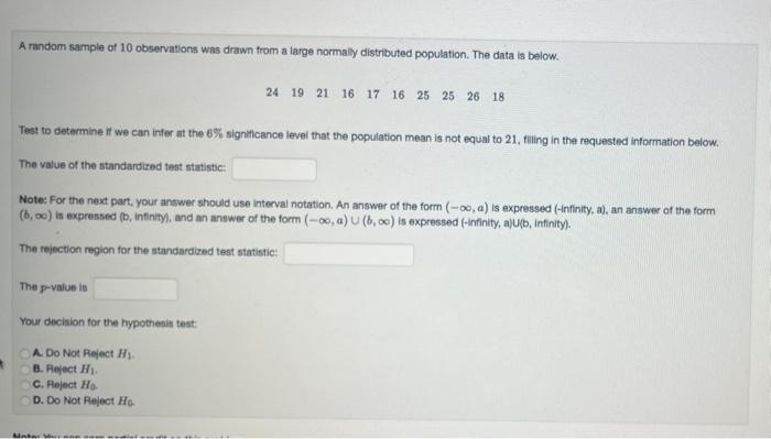 Solved A random sample of 10 observations was drawn from a | Chegg.com