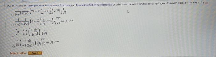 Solved Use The Tables Of Hydrogen Atom Radial Wave Functions