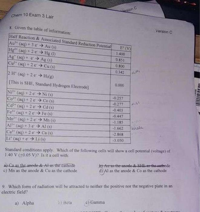 Solved 8. Given the table of information: Version C standard | Chegg.com