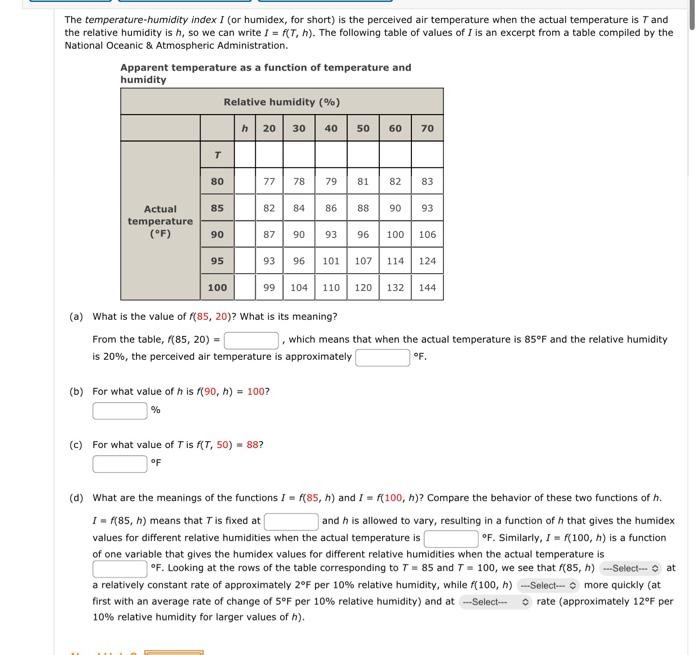 Solved The temperature-humidity index I (or humidex, for | Chegg.com