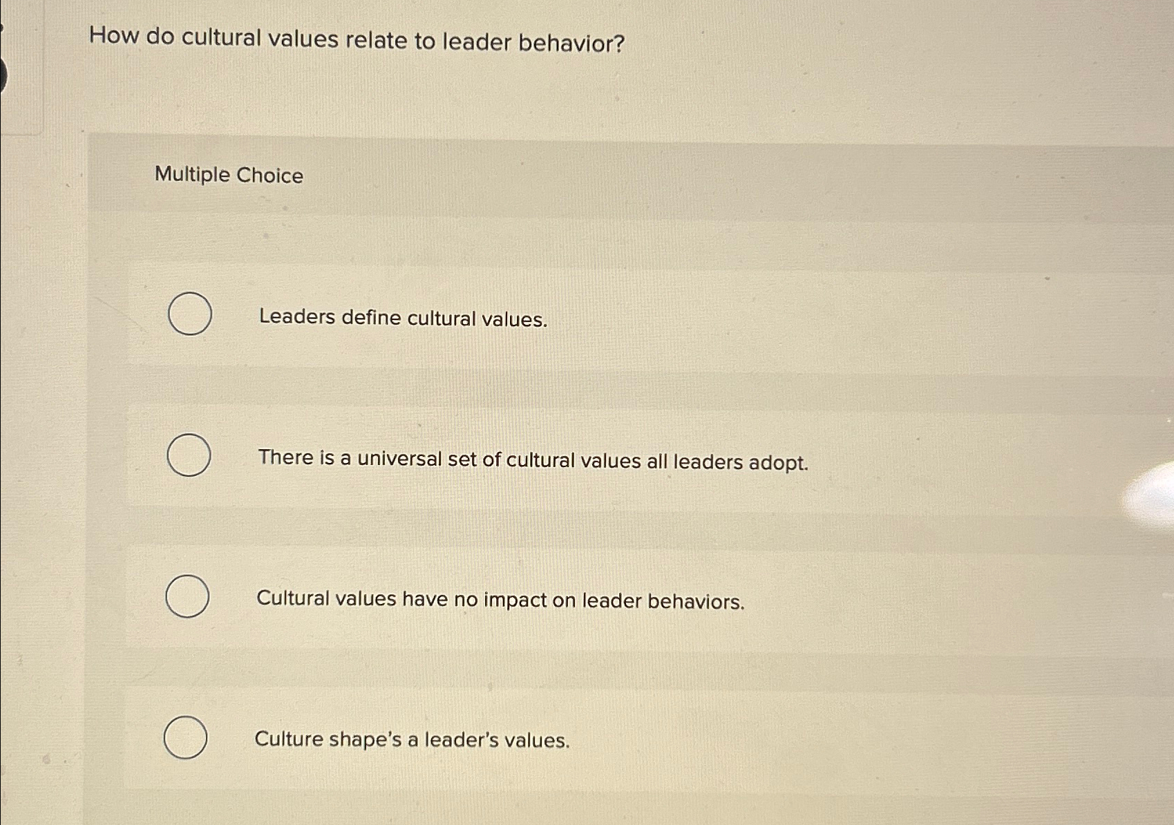 Solved How do cultural values relate to leader | Chegg.com