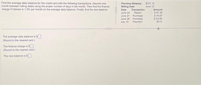 Solved Find the average daily balance for the credit card | Chegg.com