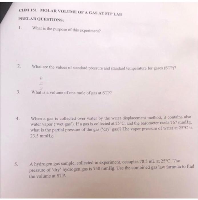 Solved CHM 151 MOLAR VOLUME OF A GAS AT STP LAB PRELAB | Chegg.com