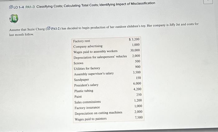 Solved LO 1-4 PA1-3 Classifying Costs; Calculating Total | Chegg.com