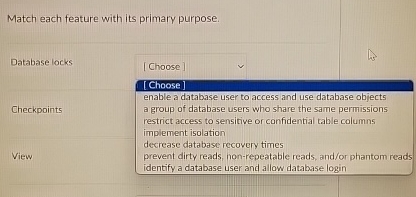 Solved Match each feature with its primary purpose.Database | Chegg.com