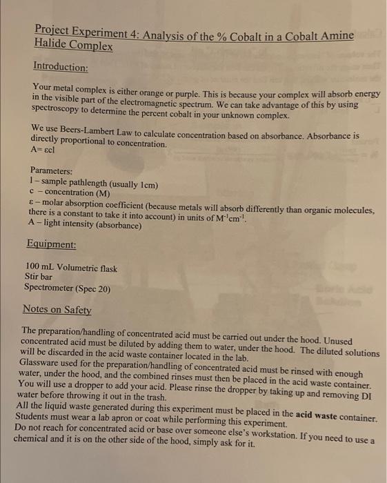 Solved Project Experiment 4 : Analysis of the % Cobalt in a | Chegg.com