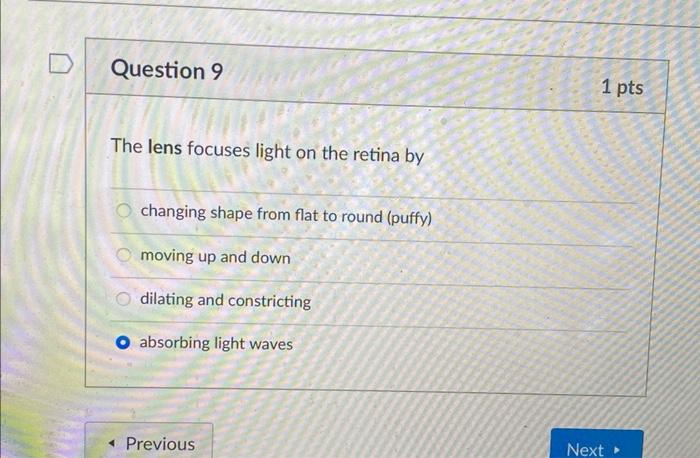 Solved The lens focuses light on the retina by changing | Chegg.com