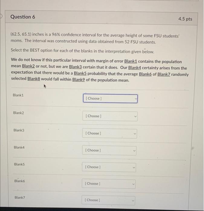 Solved (62.5,65.1) inches is a 96% confidence interval for | Chegg.com