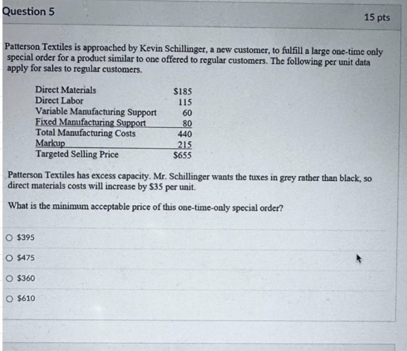 Solved Question 5Patterson Textiles is approached by Kevin | Chegg.com
