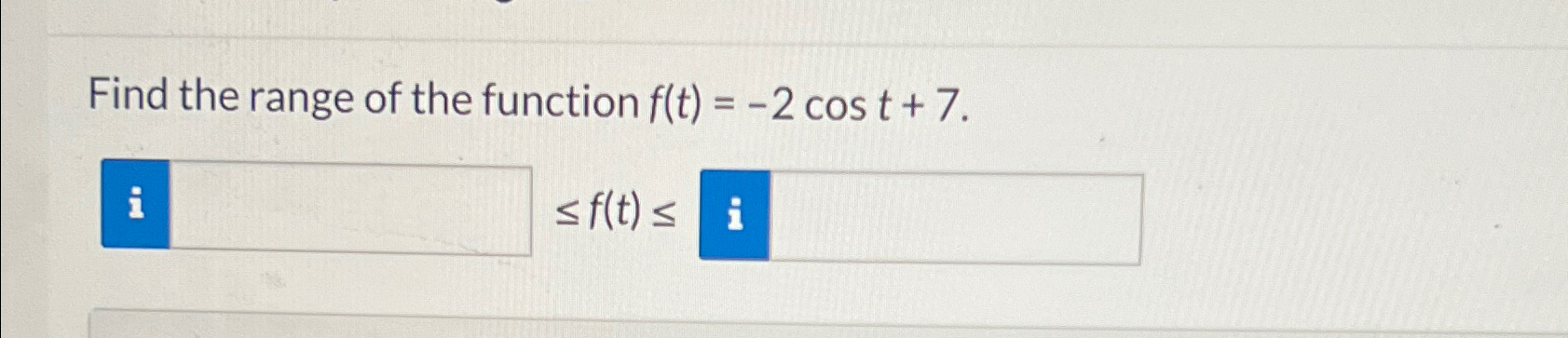 Solved Find the range of the function f(t)=-2cost+7.≤f(t)≤ | Chegg.com