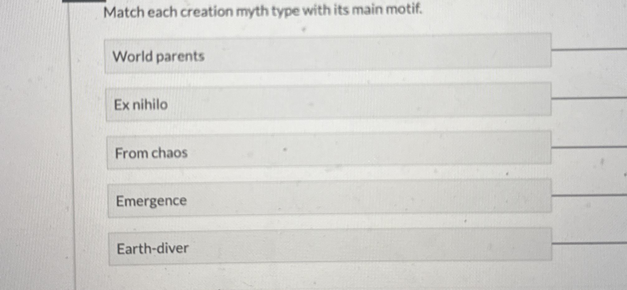 Solved Match each creation myth type with its main | Chegg.com