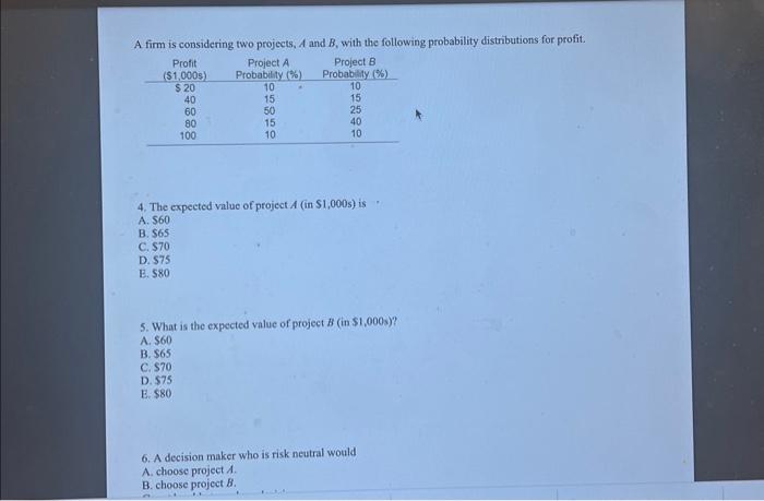 Solved A firm is considering two projects, A and B, with the | Chegg.com