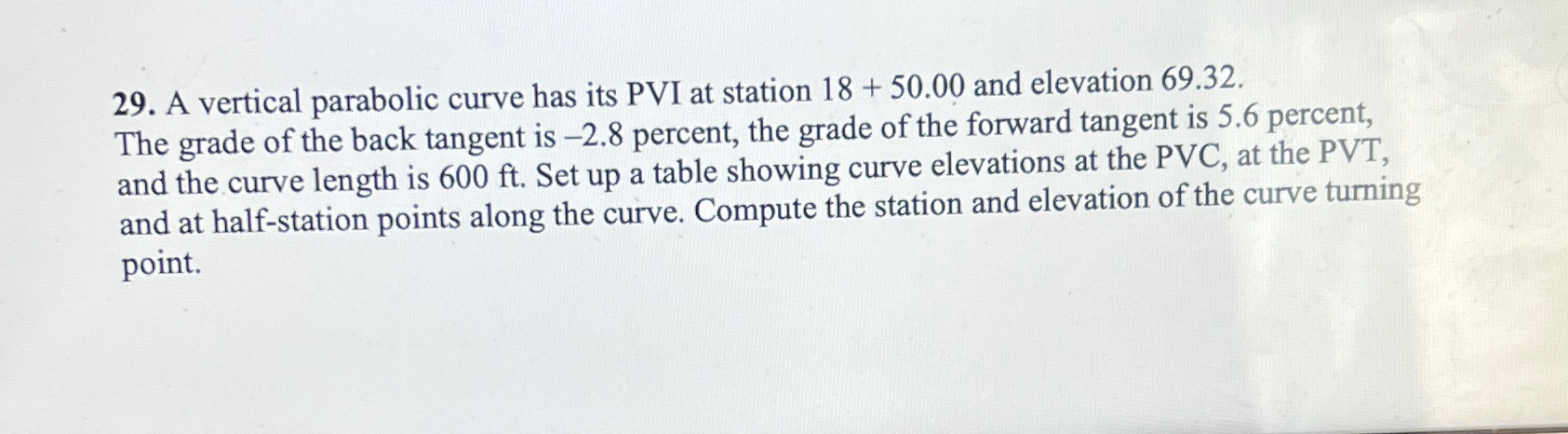 Solved A vertical parabolic curve has its PVI at station | Chegg.com
