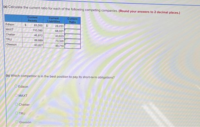 Solved a) Calculate the current ratio for each of the | Chegg.com