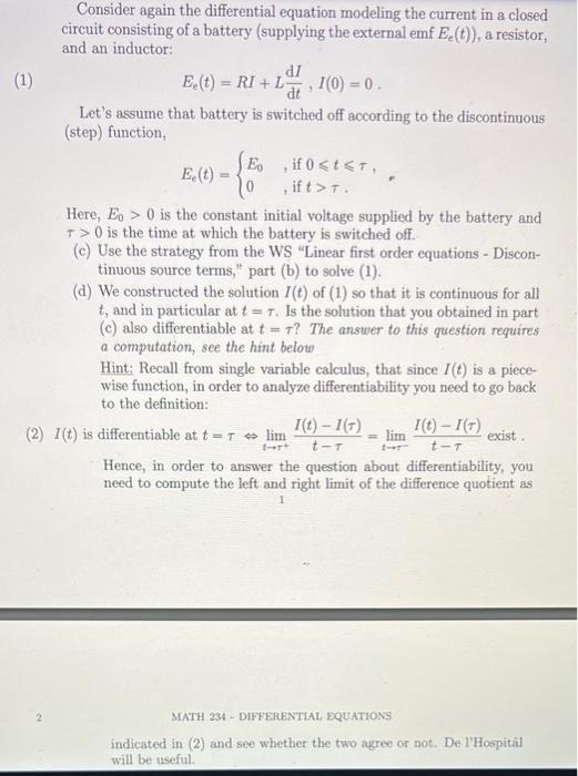 Consider again the differential equation modeling the | Chegg.com
